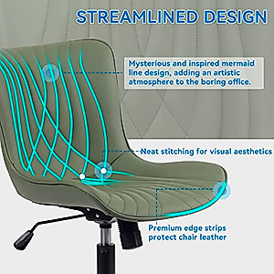 YOUNIKE Office Chair, Ergonomic Desk Chair with Wheels, Armless Home Office Computer Task Chairs, Modern Faux Leather Padded Vanity Chair, Adjustable Swivel Rocking Chair with Back, Dark Green