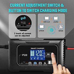 20-Amp Smart Battery Charger,12V/20A and 24V/10A.Lithium,Lifepo4,Lead-Acid(AGM/Gel/SLA..) Car Battery Charger,Trickle Charger, Maintainer/Pulse Repair Charger,for Car ,Boat,Motorcycle, Lawn Mower