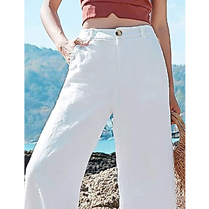 Hooever Womens Casual High Waisted Wide Leg Pants Button Up Straight Leg Trousers（White-L）