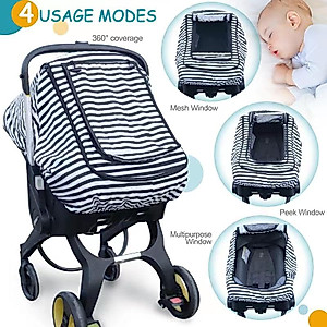 Car Seat Covers for Babies,Baby Car Seat Cover for Boys Girls,Windproof Infant Carseat Cover,Kick-Proof Car Seat Canopy with Breathable Mesh Peep Window(Black Stripe)
