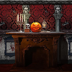 3Pcs Halloween Gothic Mansion Backdrop Decoration, Plastic Halloween Gothic Mansion Room Scene Setters Photography Background Wallpapers for Halloween Haunted House Party Decoration, 54×108 inches