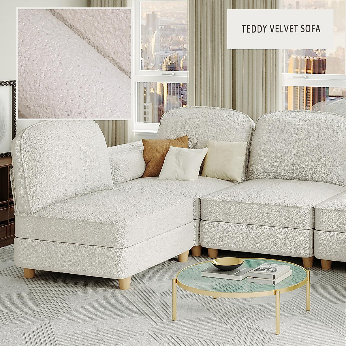 LLappuil Modular Sectional Couch L Shaped Sofa with Storage, Corner Cloud Sofa Sectional for Living Room, 113.5 in Width, 6 Seat Sofa, Teddy Velvet, Beige