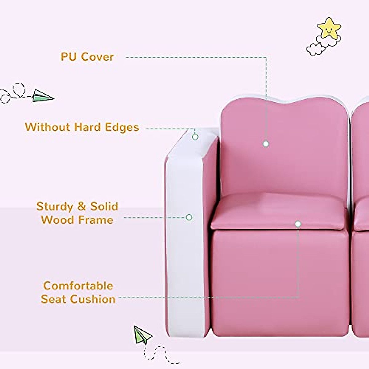 Qaba Kids Sofa Set 2-in-1 Multi-Functional Toddler Table Chair Set 2 Seat Couch Storage Box Soft Sturdy Pink