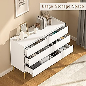 NUNU LAB Dresser for Bedroom Wooden with 6 Drawers, Chest of Drawers with Metal Rails for Bedroom, Living Room, Storage Cabinet, Closet, Hallway High Dresser, White
