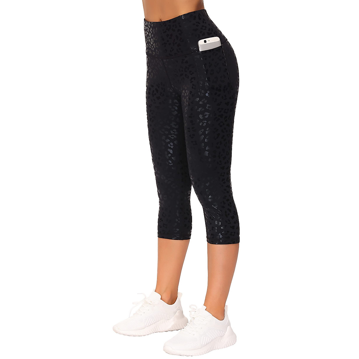 THE GYM PEOPLE Tummy Control Workout Capris Leggings with Pockets High Waist Athletic Yoga Pants for Women Running Hiking Silver/Black