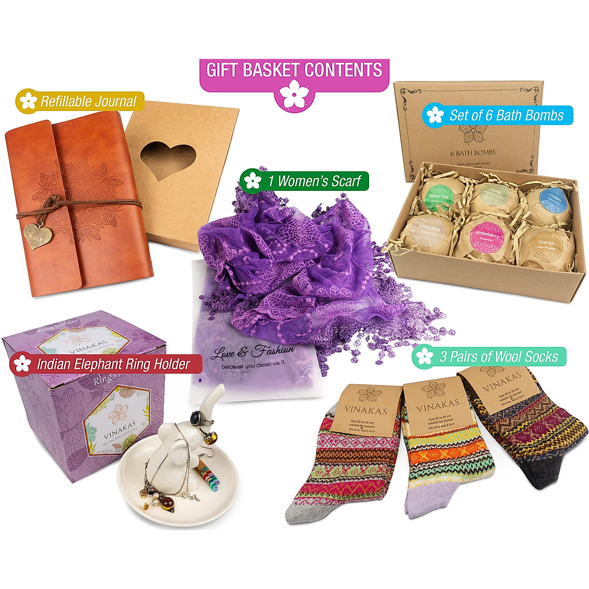 Best Cozy Gifts for Women, 3 Pairs of Warm and Cozy Socks, Includes 6 Relaxation Bath Bombs, Beautiful Leather Journal, Elegant Elephant Ring Holder, Trendy Scarf/Simply The Best Gifts for Women