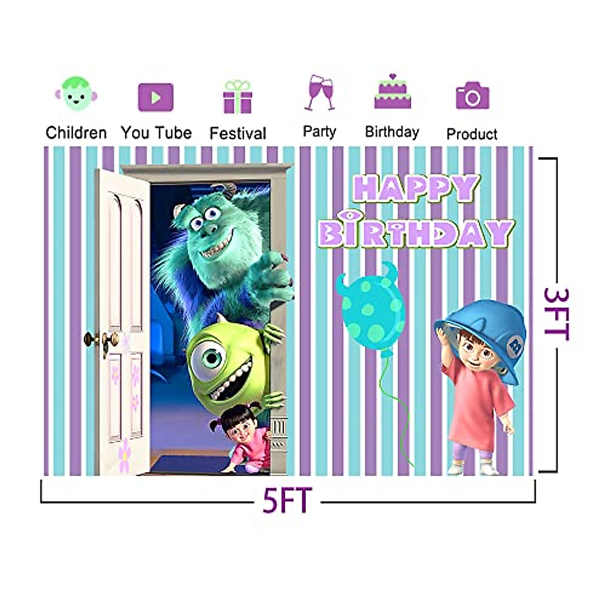 huio Monster Inc Backdrop for Birthday Party Supplies 5x3ft Monster Inc and Boo Theme Baby Shower Banner for Birthday Party Cake Table Decoration, One Size