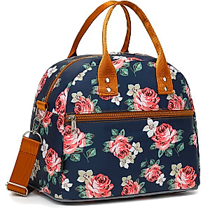 FlowFly Insulated Lunch Bag With Shoulder Strap for Women, Men, and Kids, Large and Reusable, Handle, Freezable Work and School Travel Tote and Meal Prep Organizer,Peony