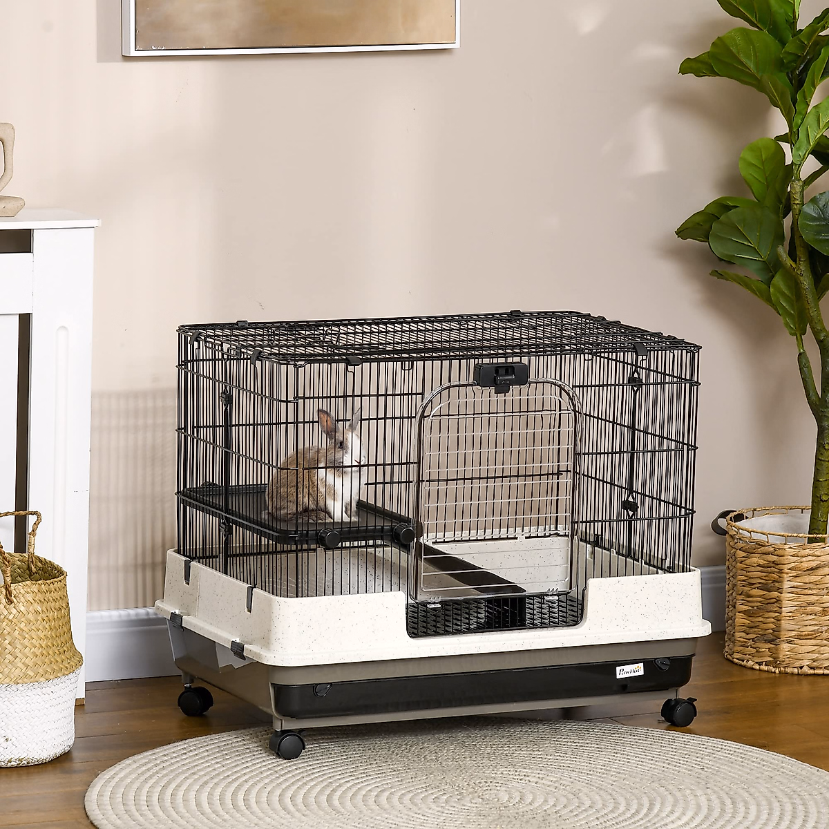 PawHut 26" Small Animal Cage with Wheels, 2-Level Portable Bunny Cage, Chinchilla Ferret Cage with Removable Tray, Platform and Ramp