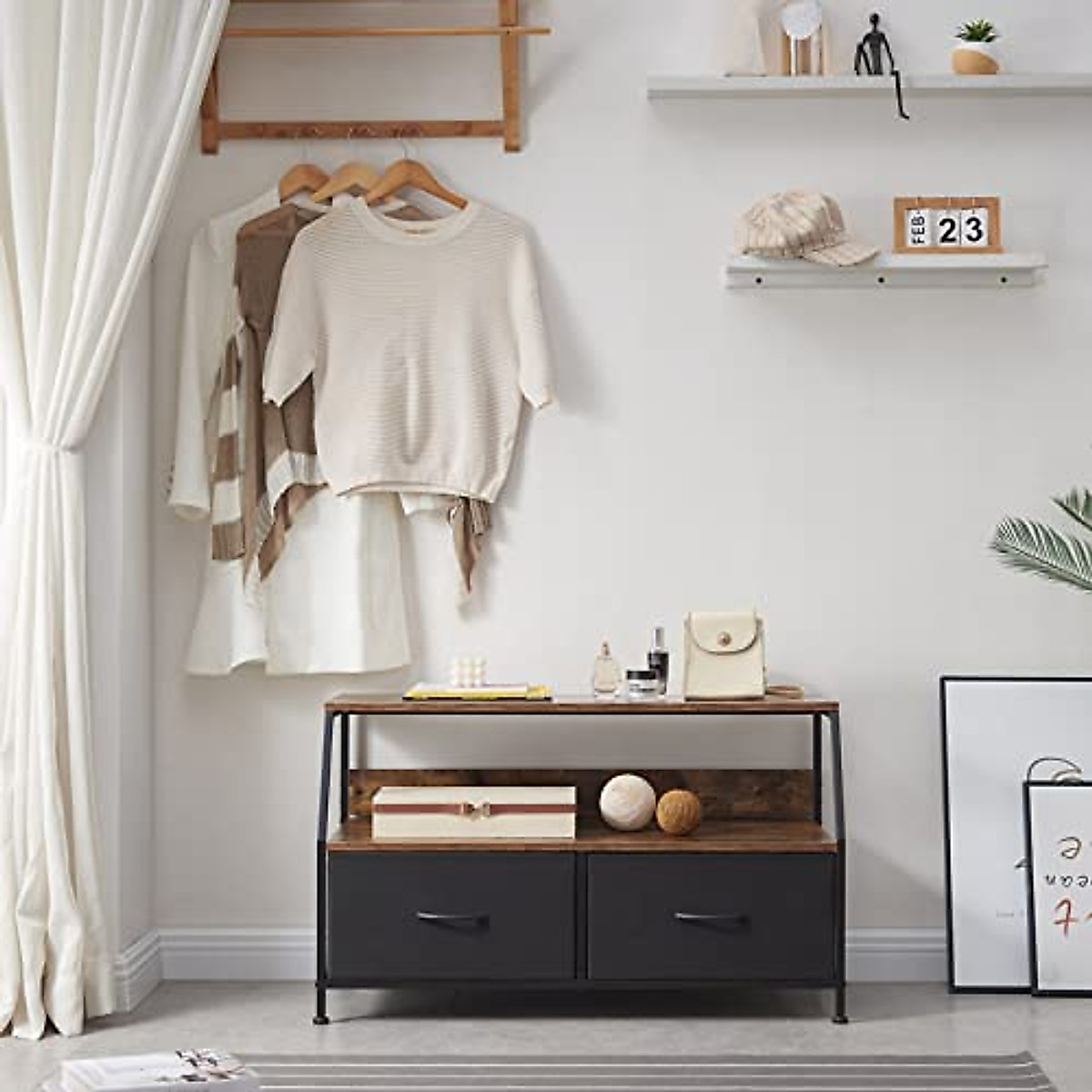 Somdot TV Stand, Entertainment Center, Media Console Table with Storage Drawers and Shelf for TV up to 46 Inch, Dresser Chest of Drawers for Bedroom, Living Room, Playroom - Black/Rustic Brown