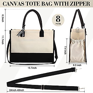 8 Pieces Canvas Tote Bag Black and White Bag with Shoulder Strap Zipper Opening Inner Side Pockets Grocery Totes for Women Work Daily Travel Birthday Bridesmaid Gifts DIY Bag