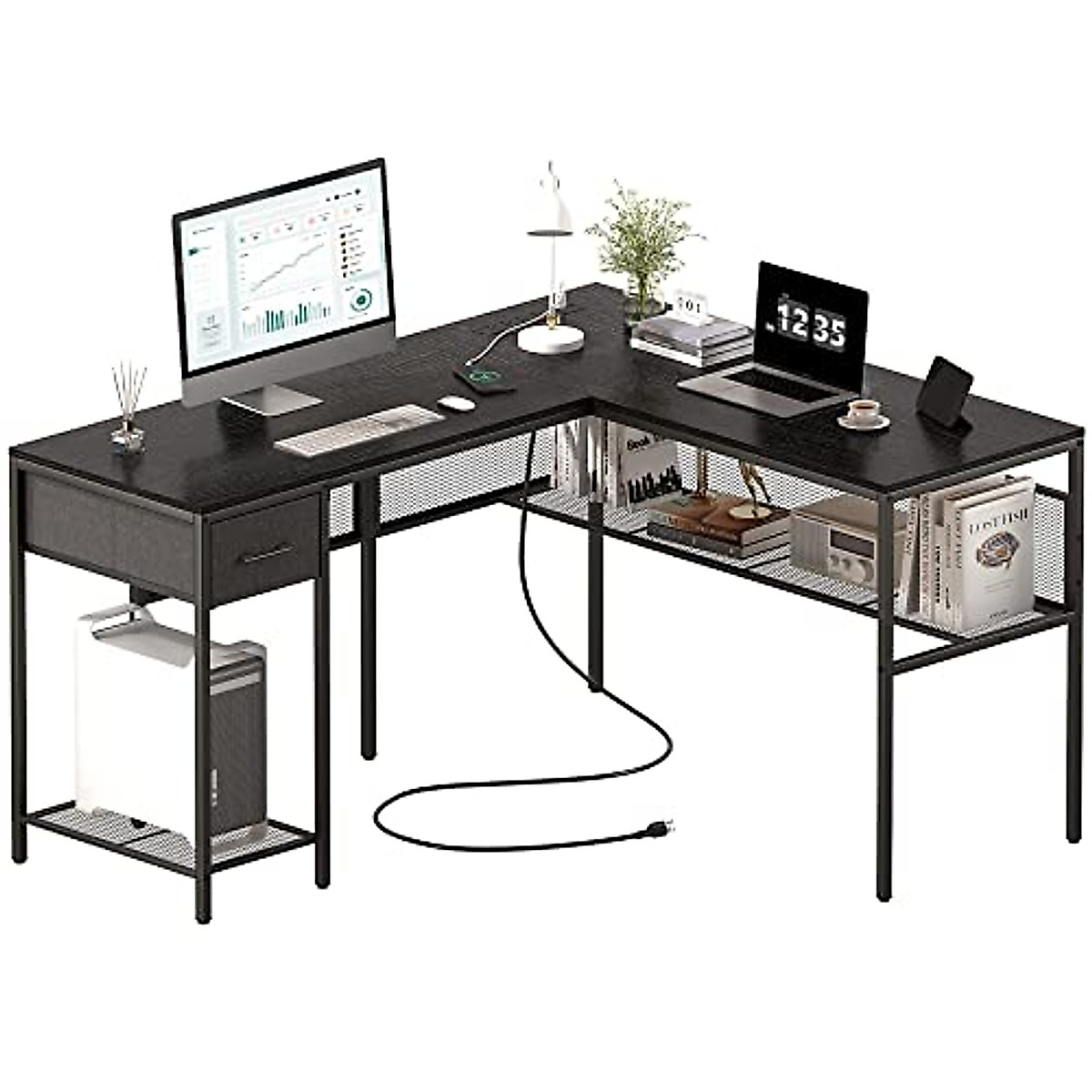 SUPERJARE L Shaped Desk with Power Outlets, Computer Desk with Drawer, Reversible Corner Desk with Grid Storage Bookshelf, Home Office Desk, Black