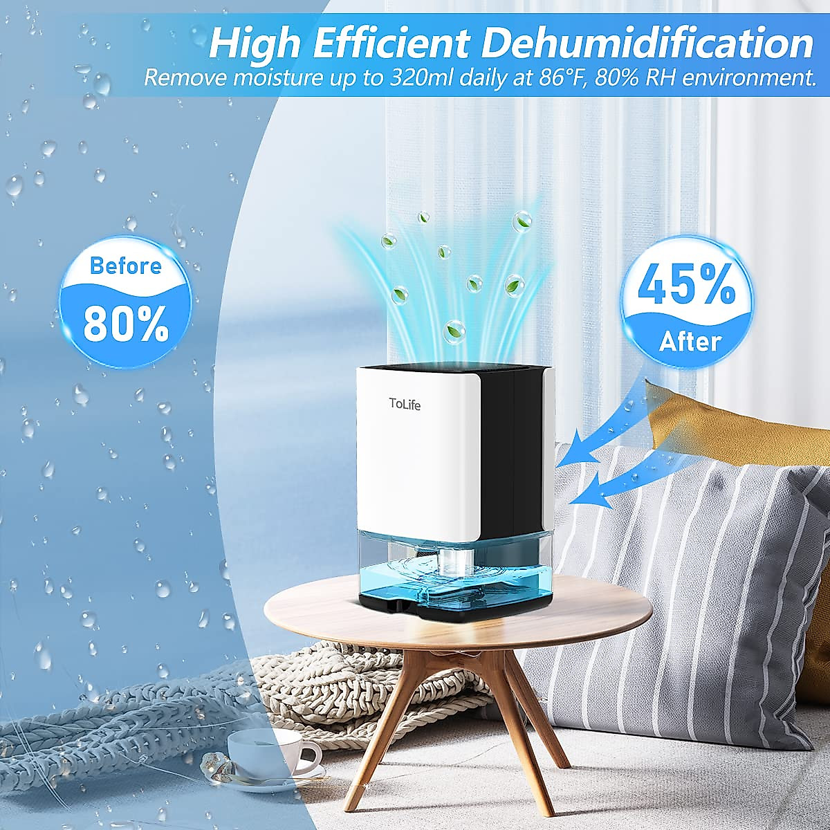 ToLife Dehumidifiers for Home 45 OZ Dehumidifier for Room with Auto-Off, Quiet Small Dehumidifier for Bathroom,Bedroom,RV, Closet 500 sq.ft