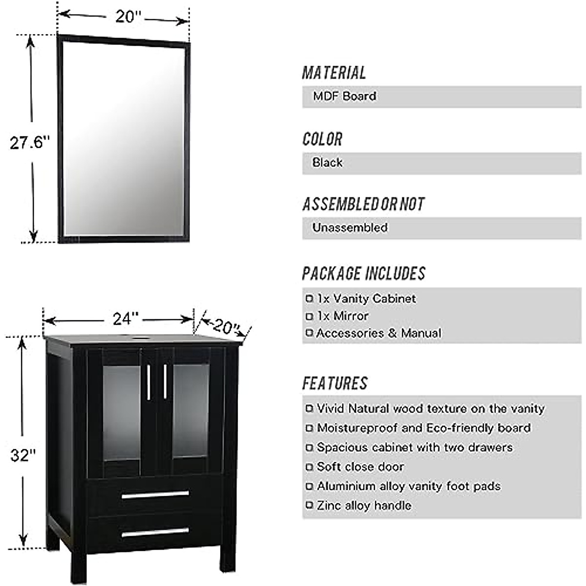 U-Eway 24 Inch Black Bathroom Vanity Square Tempered Glass Vessel Sink Combo 1.5 GPM Faucet Oil Rubbed Bronze Bathroom Vanity Top with Sink Bowl, 20-inch Deep and 30% Water Saving