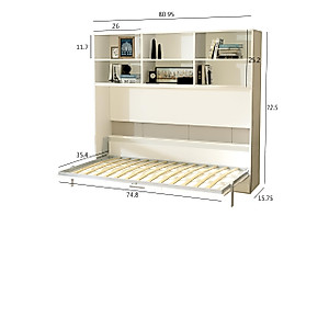 Eafurn Mordern Design Twin Size Horizontal Murphy Bed with Storage Shelves for Bedroom or Guestroom White Wall Bed Space Saving Hidden Bed Gas Struts