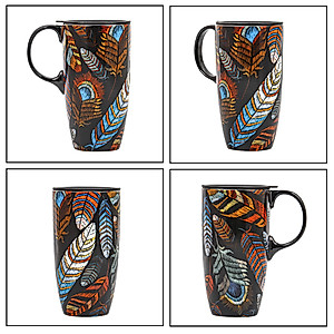 Topadorn Ceramic Coffee Mug Porcelain Latte Tea Cup With Lid and Present Box 17oz,Feather