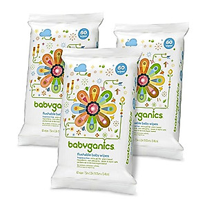 Babyganics Flushable Baby Wipes, Fragrance Free, 60 Count (Pack of 3, 180 Total Wipes)