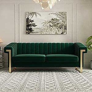Kadway Green Velvet Loveseat Sofa Couch, 84" Luxury Large Sectional Sofa Couch with Gold Metal Legs for 3-4 Persons, Mid-Century Modern Sofa, Chesterfield Sofa Couch for Living Room Bedroom