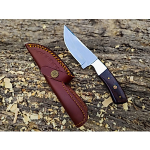 KNIFEIFY Polished Carbon Steel knife fixed blade -Handmade EDC Hunting Full Tang Bushcraft knife with Pakka wood knife Handle & Leather Sheath, camping knife survival Skinner outdoor knife (DARK BROWN)