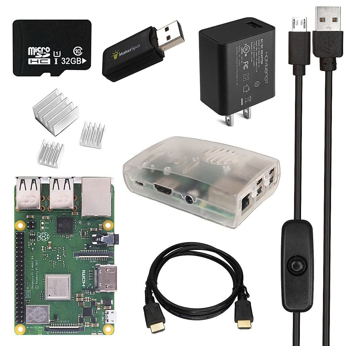 MakerSpot, Raspberry Pi 3 B+ Model B Plus Starter Kit by MakerSpot with 5v3a UL Listed Charger HDMI Cable Heat Sink & 32GB MicroSD Card