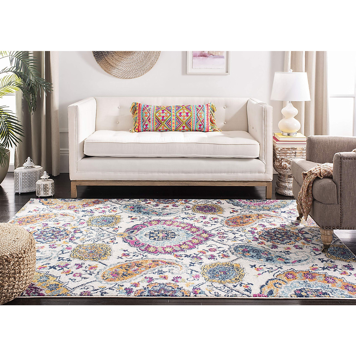 SAFAVIEH Madison Collection Area Rug - 8' x 10', Cream & Multi, Boho Chic Glam Paisley Design, Non-Shedding & Easy Care, Ideal for High Traffic Areas in Living Room, Bedroom (MAD600B)