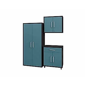 Manhattan Comfort Eiffel 3-Piece Storage Garage Set in Matte Black and Aqua Blue