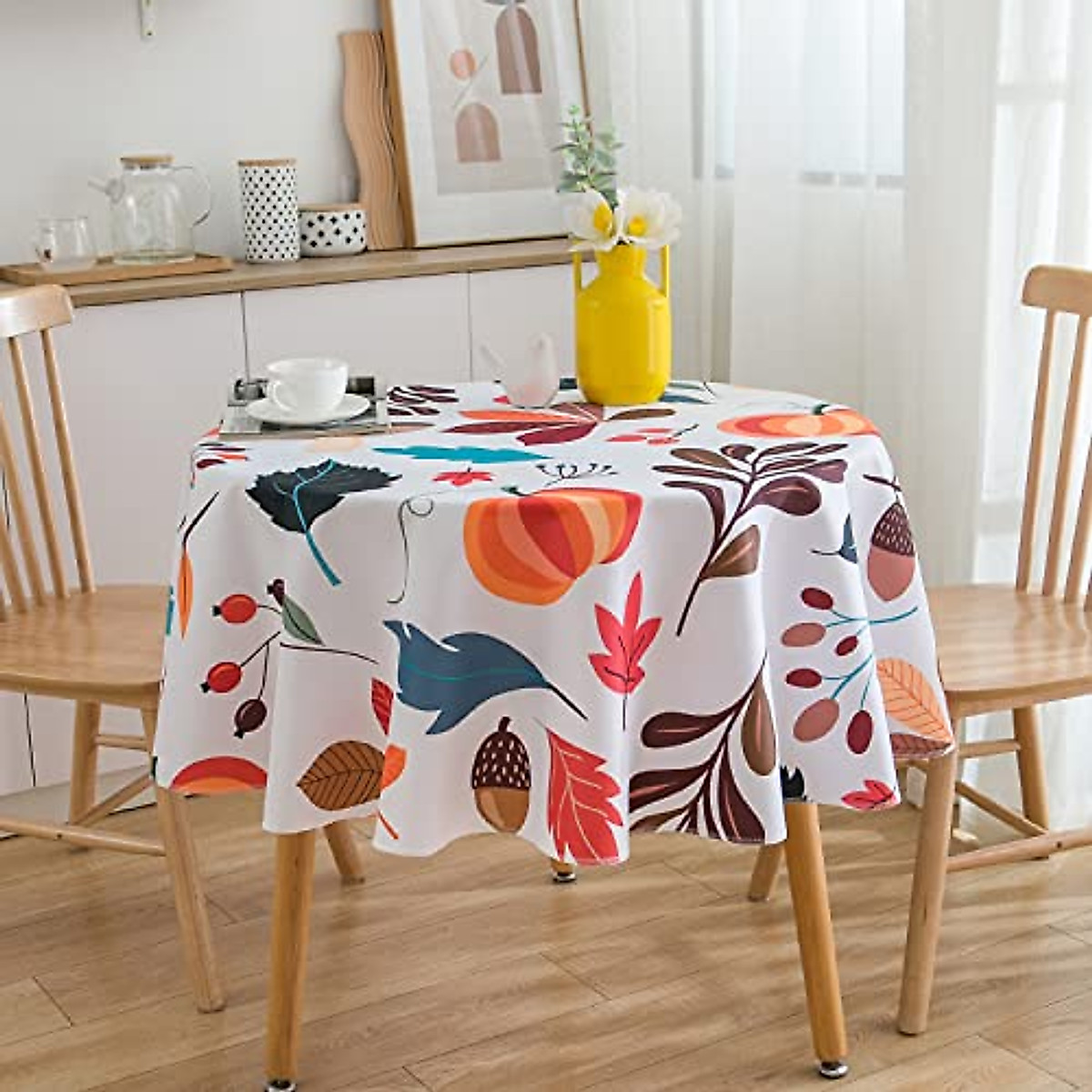 QiCHo Autumn Leaves Fall Printed Tablecloth Round 60 inch Waterproof and Stain Resistant Easy Care Fabric Tablecloth for Restaurant/Thanksgiving/Holiday Party Decoration