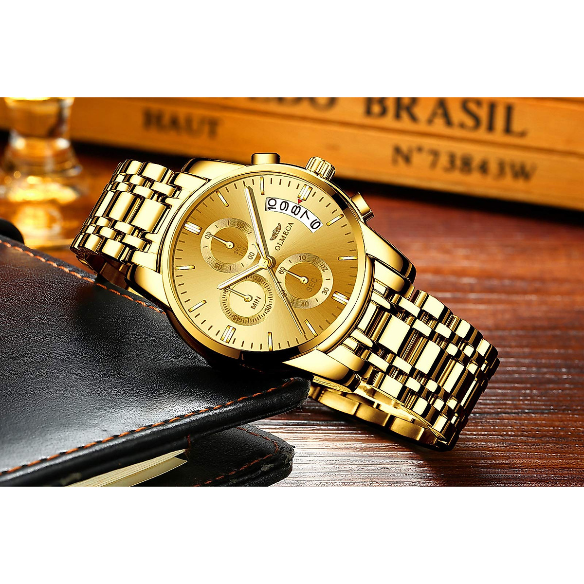 DREAMING Q&P Gold Plating Men's Analog Quartz Mutifunctional Watches for Man Stainless Steel Strap Gold Face Wristwatch