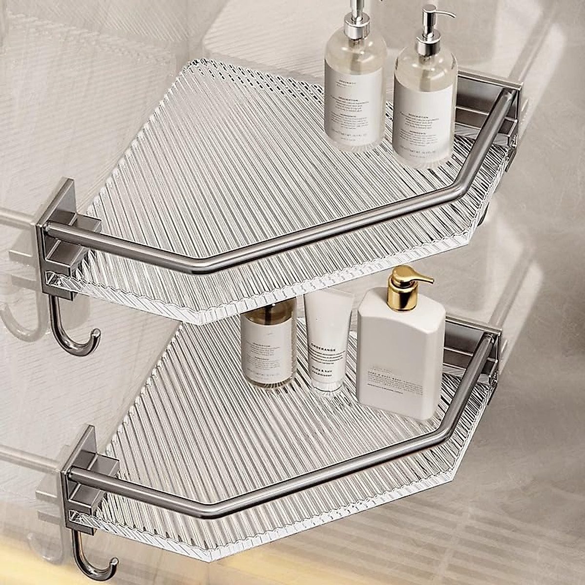 LOPSUM Versatile Acrylic Towel Shelf – 10-Year Warranty Corner Shower Caddy with Easy Installation, Large Capacity, and Triangular Storage Rack for a Clutter-Free Experience, Gun Grey