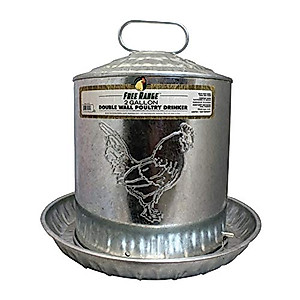 Manna Pro Hanging Chicken Waterer for Chicken Coop | Holds 2 Gallons of Water | Harris Farms Galvanized Steel Double Wall Poultry Drinker ,Silver