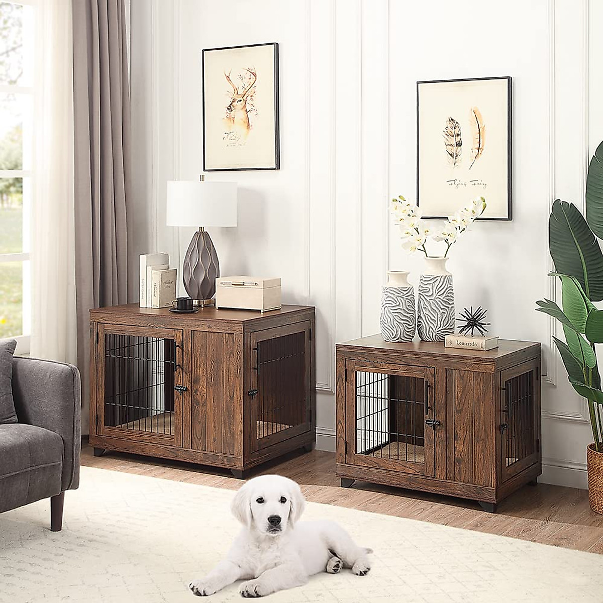beeNbkks Furniture Style Dog Crate, Double Doors Wooden Wire Dog Kennel End Table, Pet Crate with Soft Bed, Decorative Dog House Pet Furniture Indoor Use