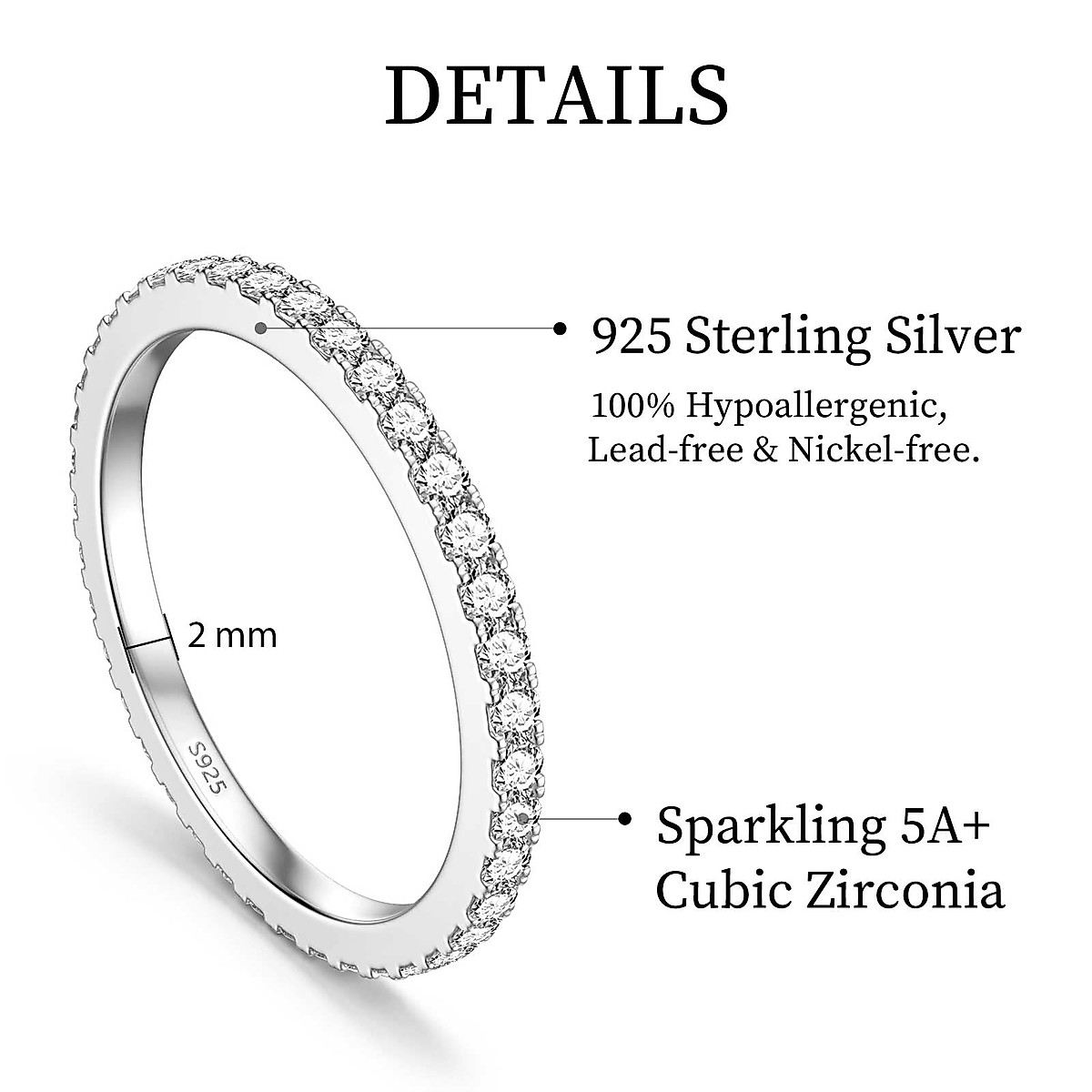 SEVENWELL 925 Sterling Silver Wedding Bands for Women CZ Simulated Diamond Stackable Engagement Eternity Ring Size