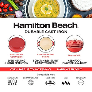 Hamilton Beach Enameled Cast Iron Dutch Oven 5.5-Quart Red, Cream Enamel Dutch Oven Pot with Lid