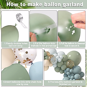 Amandir 170Pcs Dusty Blue Green Balloon Garland Arch Kit, Haze Fog Blue Ash Mist Sage Green Sand White Gold Confetti Balloons for Baby Shower Wedding Bridal Boho Birthday Party Backdrop Decorations