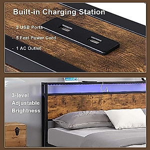 Anwick Metal Queen Bed Frame with Storage Headboard and 2 USB Ports,Industrial Bed Frame Queen Size with LED Lights and Underbed Storage,Noise Free, No Box Spring Needed (Queen)