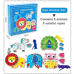 Promise Babe 5 Pack Animals Lacing Cards Wooden Puzzle Threading Toys Montessori Sewing Cards for Toddler Early Learning Fine Motor Skills Preschool Toys…