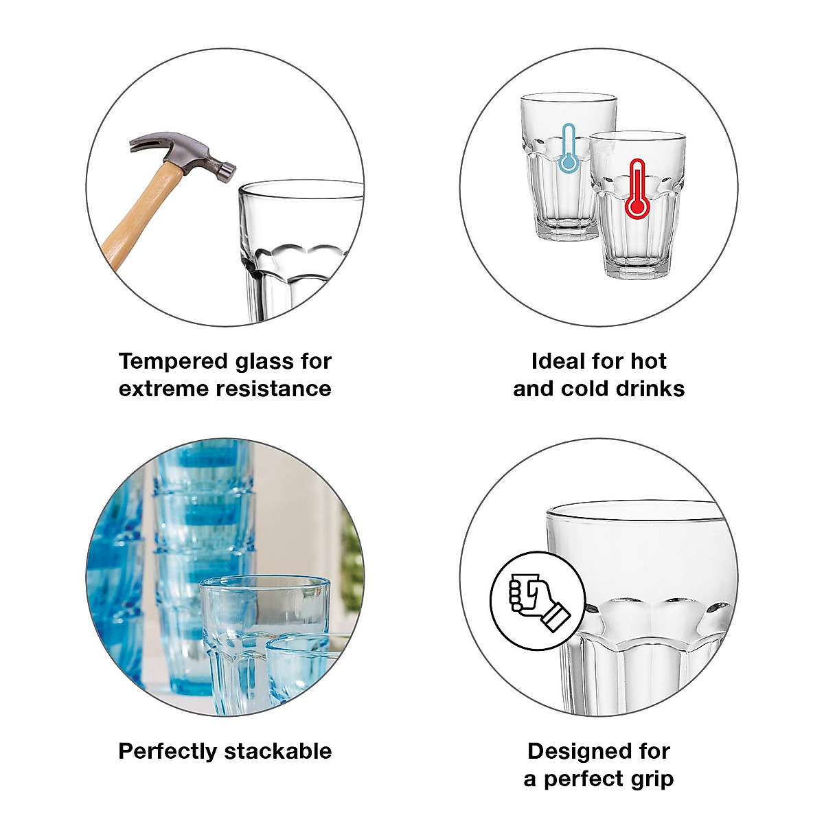 Bormioli Rocco Rock Bar Stackable Beverage, Set Of 6 Dishwasher Safe Drinking Glasses For Soda, Juice, Milk, Coke, Beer, Spirits – 12.5oz Durable Tempered Glass Water Tumblers For Daily Use