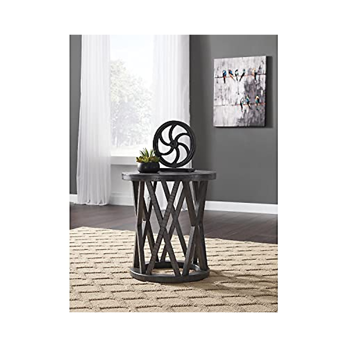 Signature Design by Ashley Sharzane Rustic Round End Table Made of Solid Pine Wood, Gray with Weathered Finish