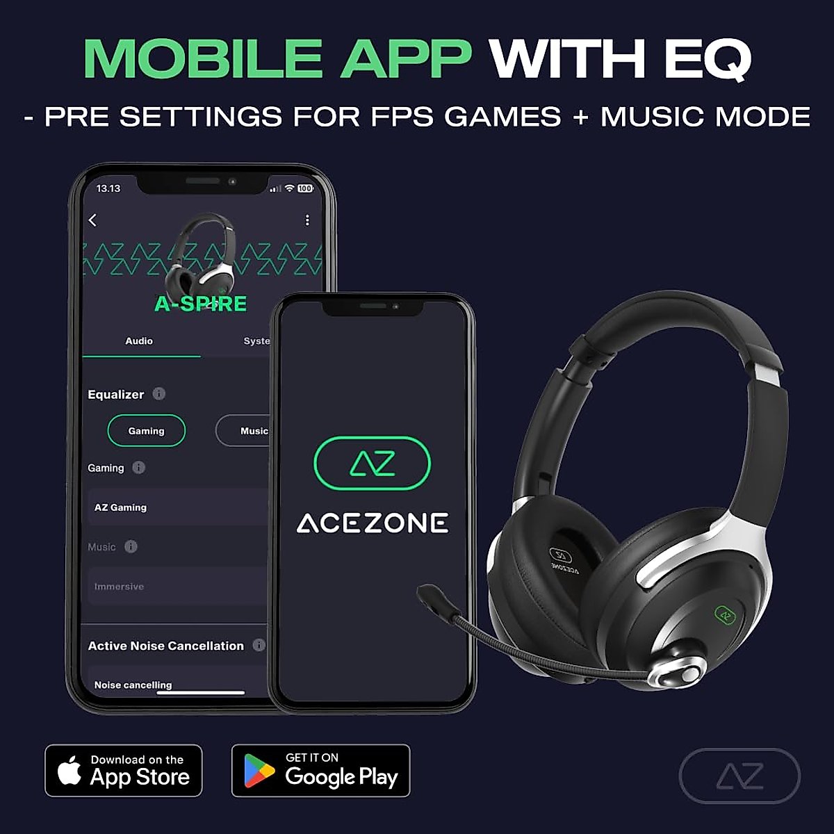 ACEZONE A-Spire - ANC Gaming Headset - Active Noise Cancellation - Noise Cancelling Flip-to-Mute Microphone - Mobile App - Lightweight - Windows PC - PS4 - PS5 - Xbox - Switch - Android - iOS - Mac
