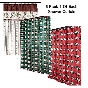 Carnation Home Fashions Christmas Shower Curtain 3 Pack - 1 Each Victorian Christmas Wreath Stripe, Poinsettia Xmas Stripe, Santa Claus Stripe - Set 3 Fabric Xmas Shower Curtains Jolly Santa