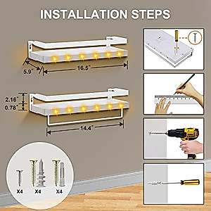 Aofeng LED Floating Shelves Wall Mounted Set of 2,Rustic Wood Wall Storage Shelves with Towel Rack for Bathroom, Kitchen, Bedroom, Living Room, Office, White