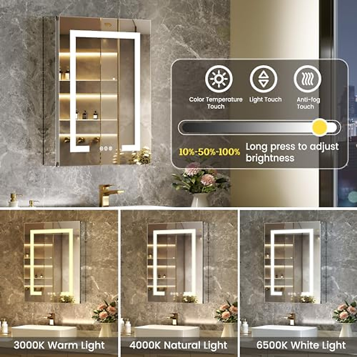 ROOMTEC LED Lighted Medicine Cabinet with Mirror 20"*26",Bathroom Mirror Cabinet with Lights, Outlet and USB, Recessed or Wall Mounted, Adjustable Shelf, 3-Color, Dimmer, Anti-Fog
