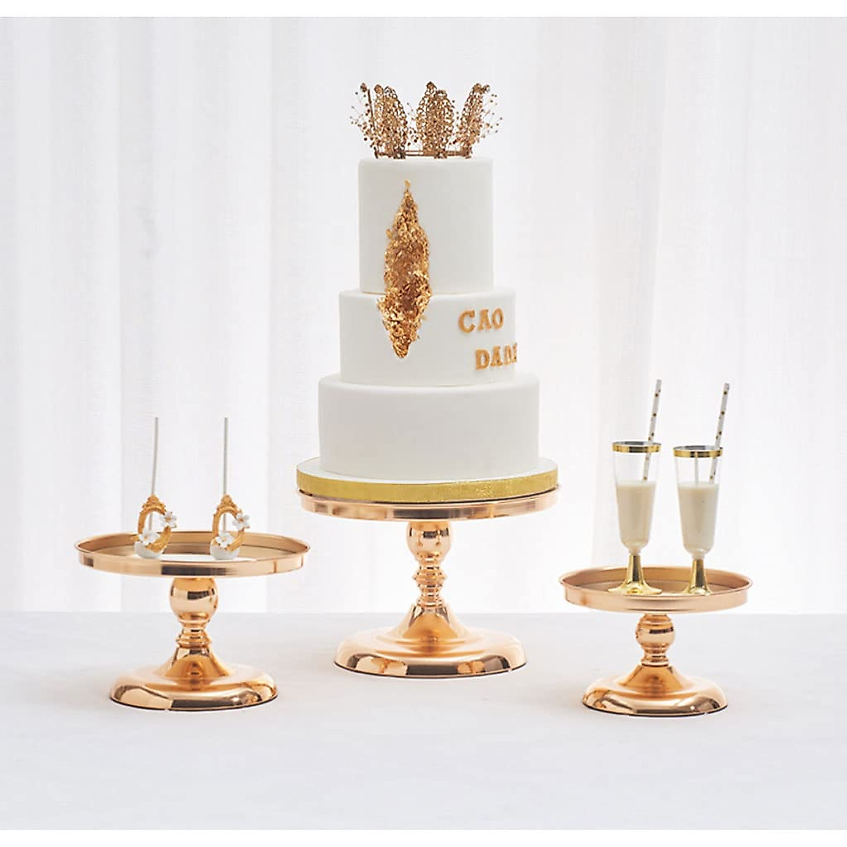 XENITE Dessert French Gold Cake Stand Set of 3 Metal Cupcake Holder Round Glass Top Gorgeous Dessert Display Stands Trays Set for Christmas Party Fruit Plate