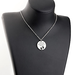 LQRI Pregnant Mom to Be Gift New Mom Gift Hello My New Name is Mommy Necklace Baby Footprint Mommy To Be Gifts First Time Mom Gift for Expecting Mother (Sliver)