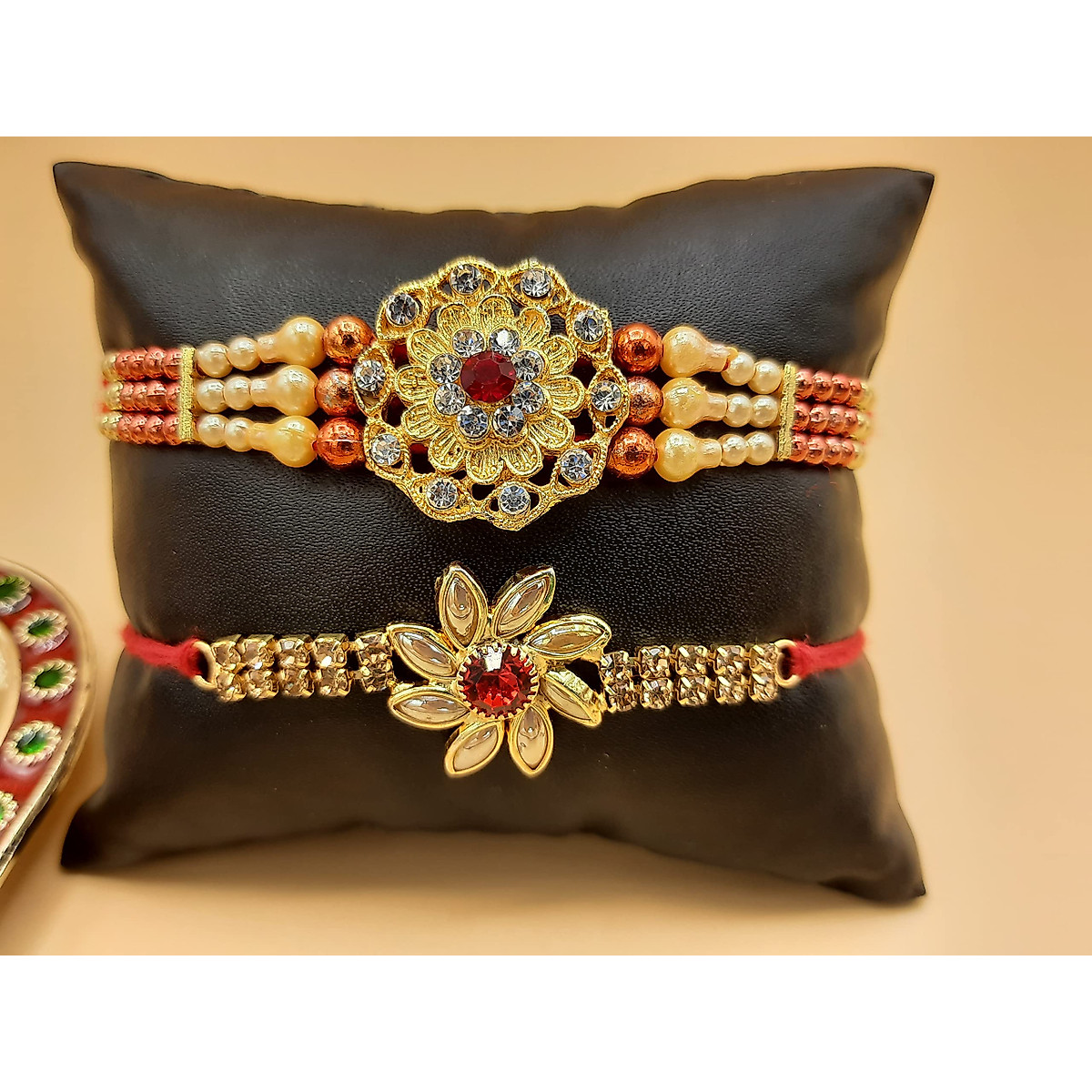 Palak Global Rakhi brass Bracelet, Unique designer Rakhi, Rakhi celebration with your Brother, Bhabhi/Sibling, Sister, Father & Family. Set of 2 (Fancy Rakhi with beautiful stones, Small)