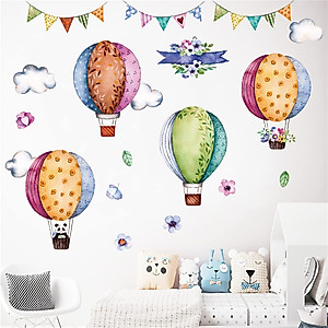 WAFT YEARN Waterproof Removable Vinyl PVC Hot Air Balloon Flower Wall Decal Wall Sticker Decor Bedroom Bathroom Nursery Kidsroom School Classroom Livingroom