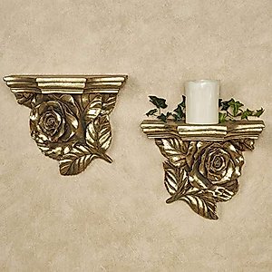 Rose Floral Blooming Decorative Wall Shelves Set 11.5" Wx5 Dx10 H. Gold Set of 2