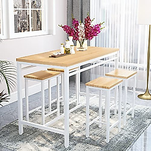 AWQM 5 Piece Bar Table Set, Modern Counter Height Dining Table and Chairs Set for 4, Wood Kitchen Table and 4 Bar Stools for Small Spaces, Apartment, Pub, Dining Room, Beige