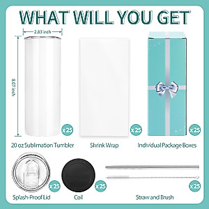 D·S 25 Pack Sublimation Tumblers Bulk 20 oz Skinny Straight Flat Bottom Blank Tumbler Cups with Individual Gift Boxed for Heat Transfer DIY Craft