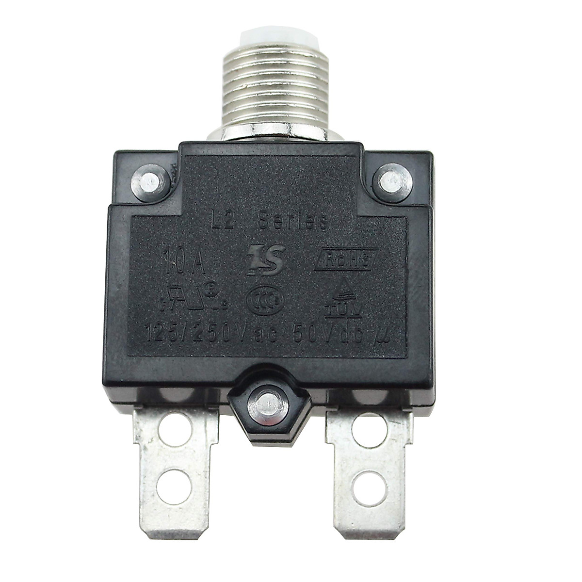 ZOOKOTO 2PCS 10A DC50V AC125-250V Push Button Reset Circuit Breakers with Quick Connect Terminals and Waterproof Button Black Cap